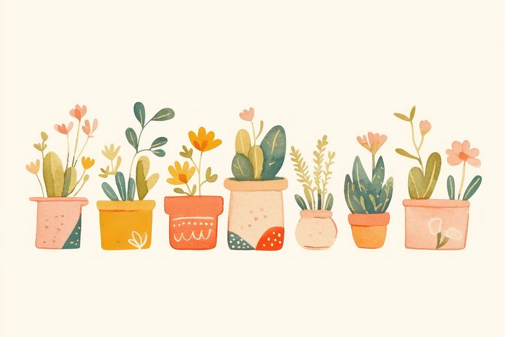 Flower pots border illustration plants | Free Photo Illustration - rawpixel