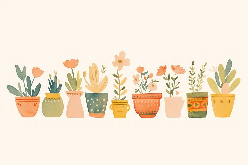 Flower pots border illustration plants | Free Photo Illustration - rawpixel