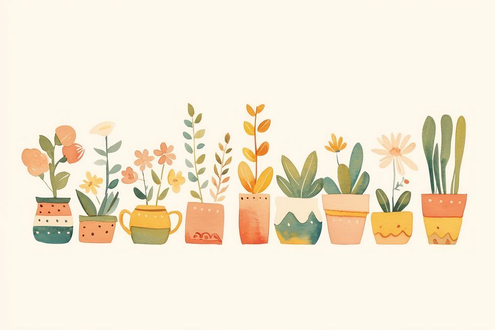 Flower pots border illustration plants | Free Photo Illustration - rawpixel