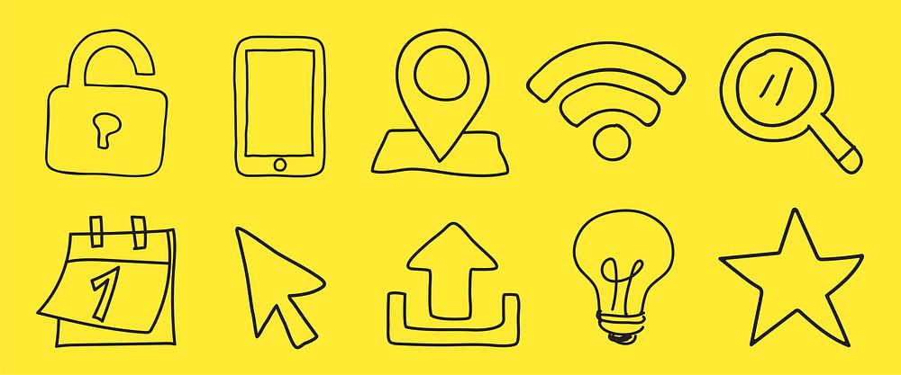 Set hand-drawn icons yellow background. | Premium Vector - rawpixel