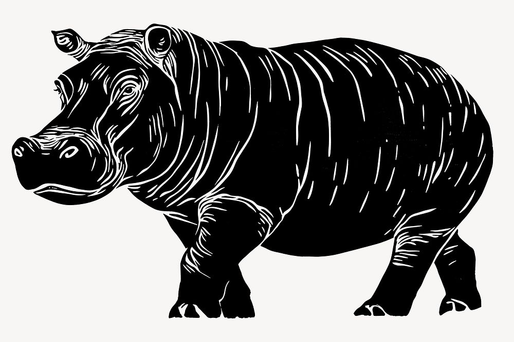 Cute hippo wood block print | Free Vector - rawpixel