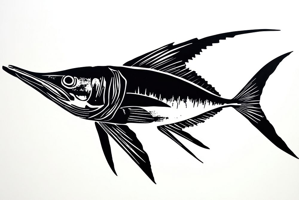 Swordfish wood block print white | Free Photo Illustration - rawpixel