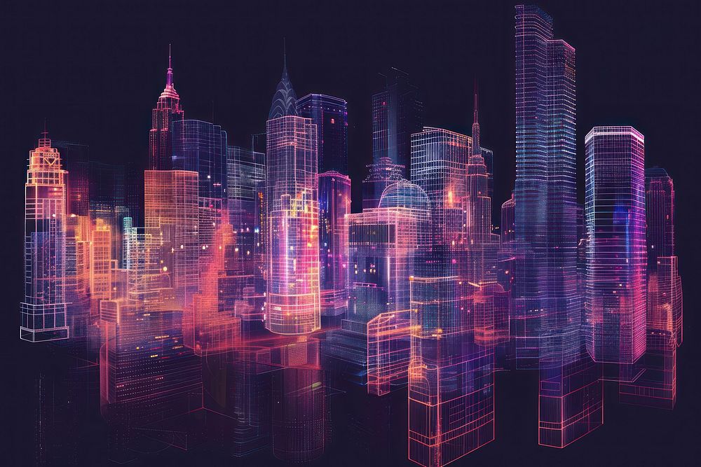 Glowing wireframe buildings architecture futuristic | Free Photo ...