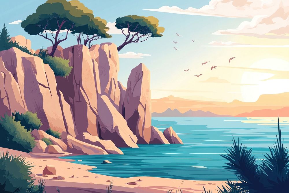 Seascape illustration landscape scenery vector | Free Vector - rawpixel