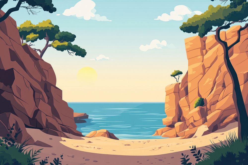 Seascape cliffs trees sea. | Free Photo Illustration - rawpixel