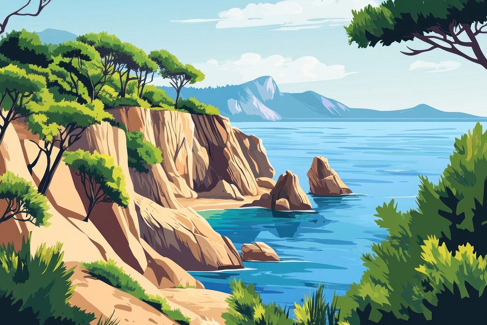 Seascape trees illustration landscape vector | Free Vector - rawpixel