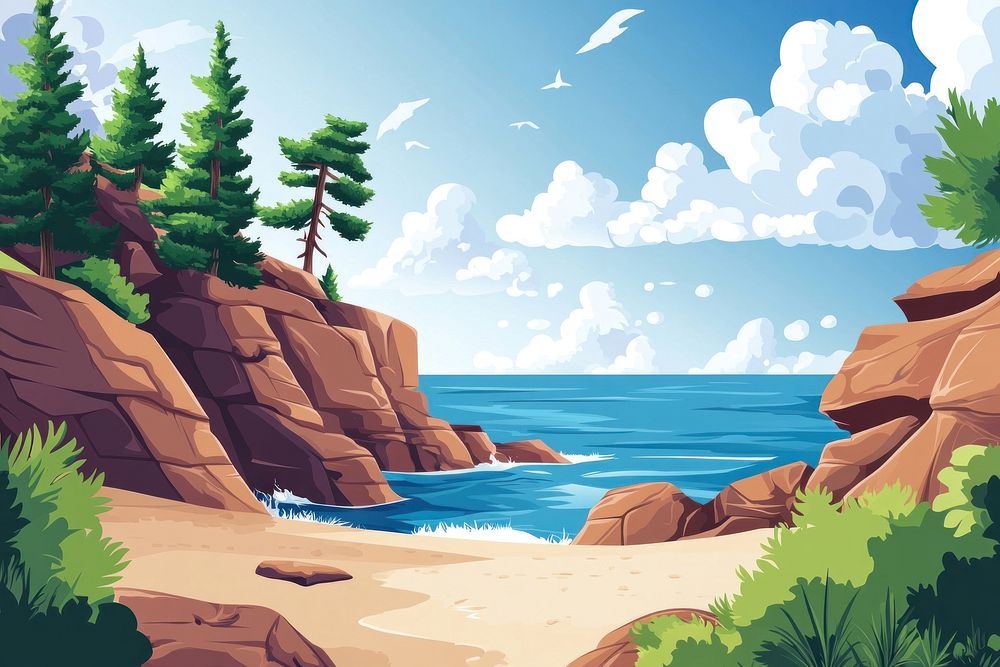 Seascape trees illustration landscape vector | Free Vector - rawpixel