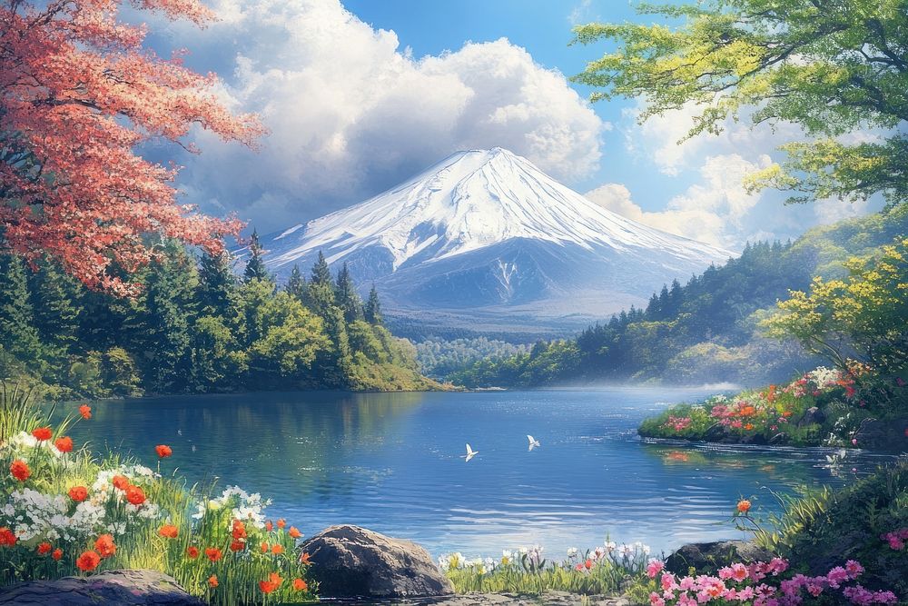 breathtaking Mount Fuji flowers lake | Free Photo - rawpixel