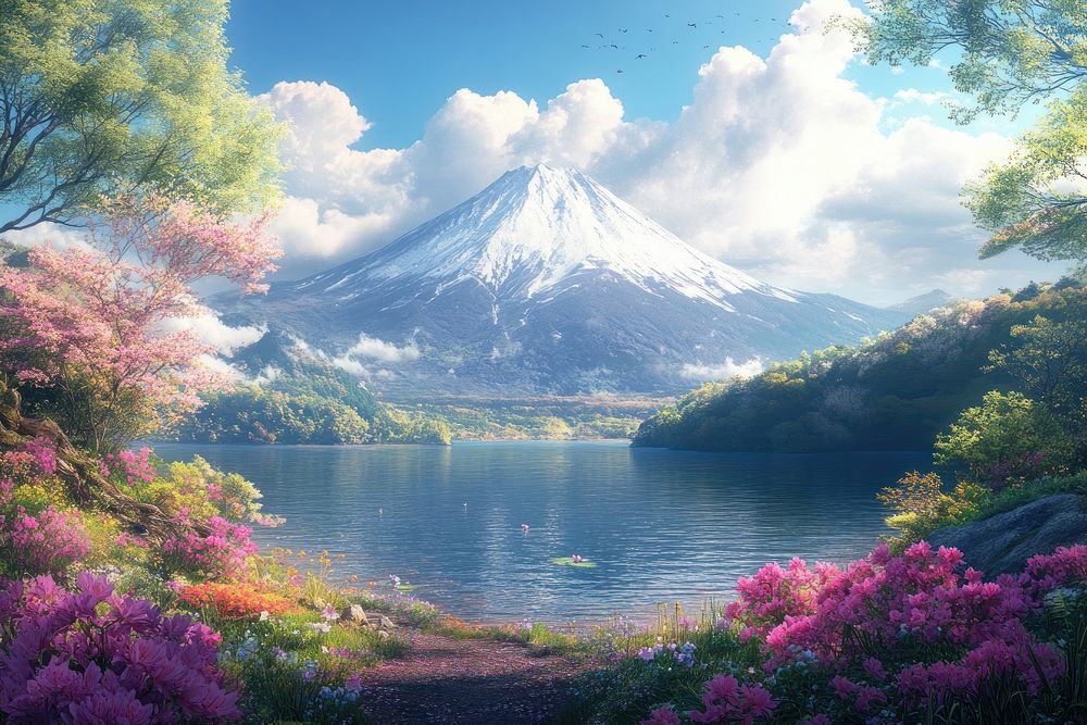 breathtaking Mount Fuji flowers lake | Free Photo - rawpixel