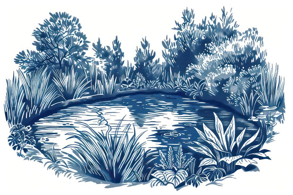 Hand drawn isolated pond landscape | Free Photo Illustration - rawpixel