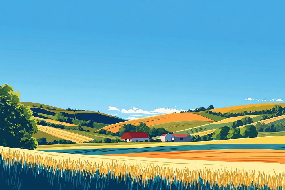 Sunny farm fields illustration countryside | Free Photo Illustration ...