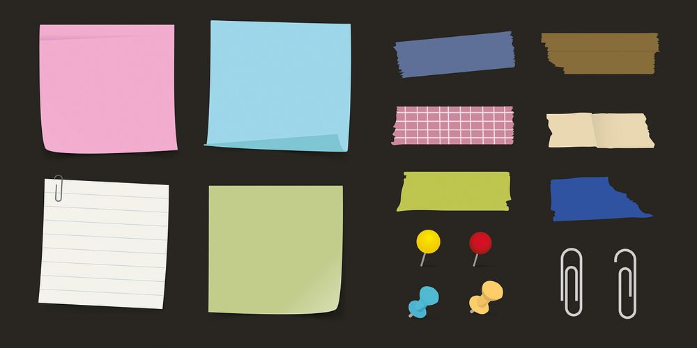 Colorful sticky notes, paper clips, | Free Vector - rawpixel