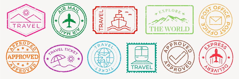 Colorful travel stamps airplane, ship, | Free Vector - rawpixel
