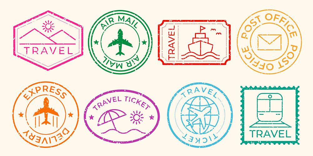 Colorful travel stamps featuring planes, | Free Vector - rawpixel