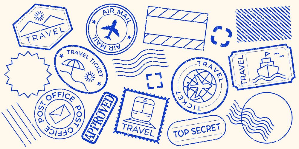 Blue travel stamps various designs: | Free Vector - rawpixel