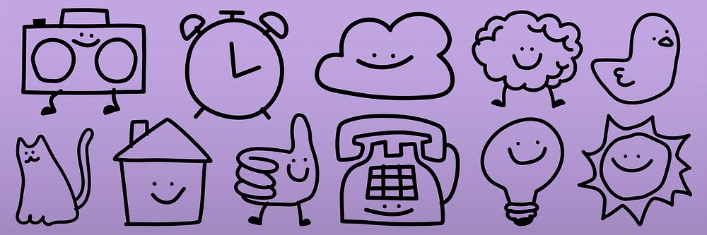 Cute doodles smiling objects: clock, | Free Vector - rawpixel