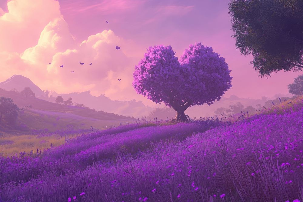 Purple field tree heart-shaped landscape | Free Photo - rawpixel