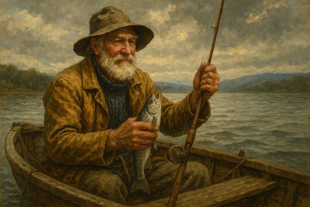 Elderly fisherman catches fish. | Free Photo Illustration - rawpixel