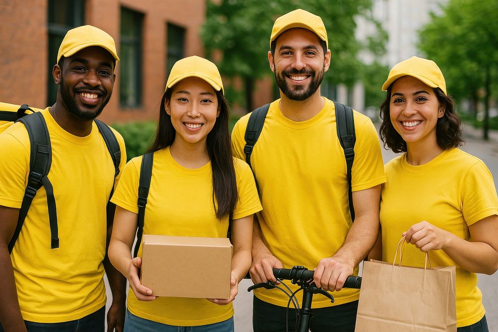 Happy delivery team outdoors. | Free Photo - rawpixel