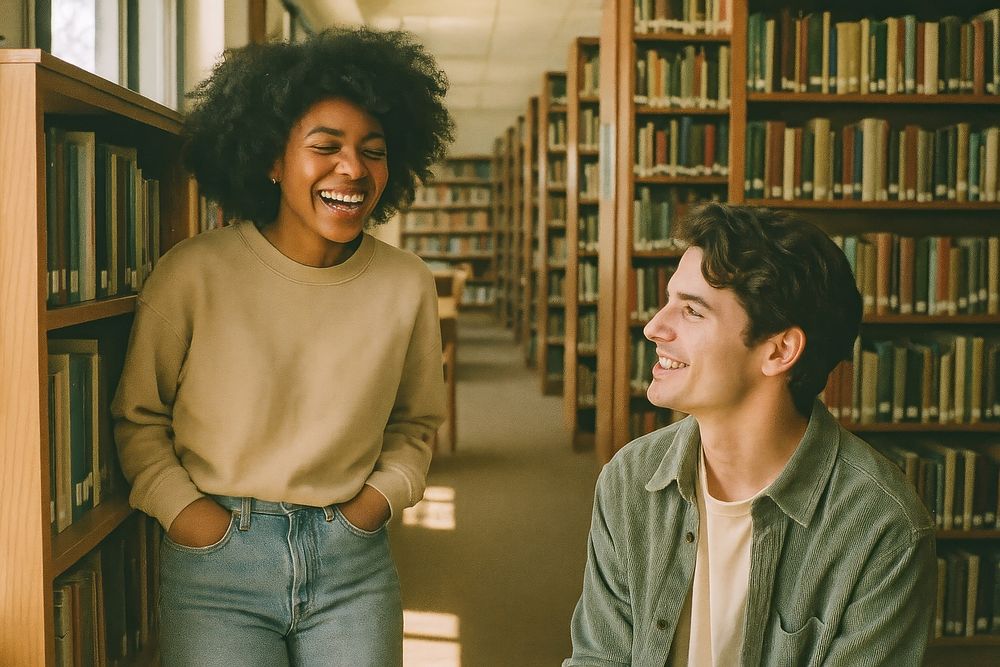 Joyful friends in library | Free Photo - rawpixel