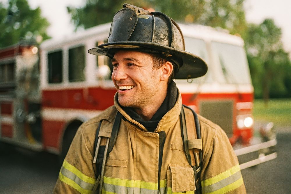 Brave firefighter smiling outdoors. | Free Photo - rawpixel