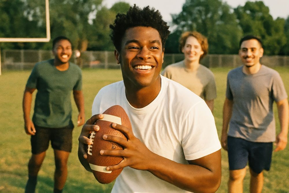 Joyful friends playing football outdoors. | Free Photo - rawpixel