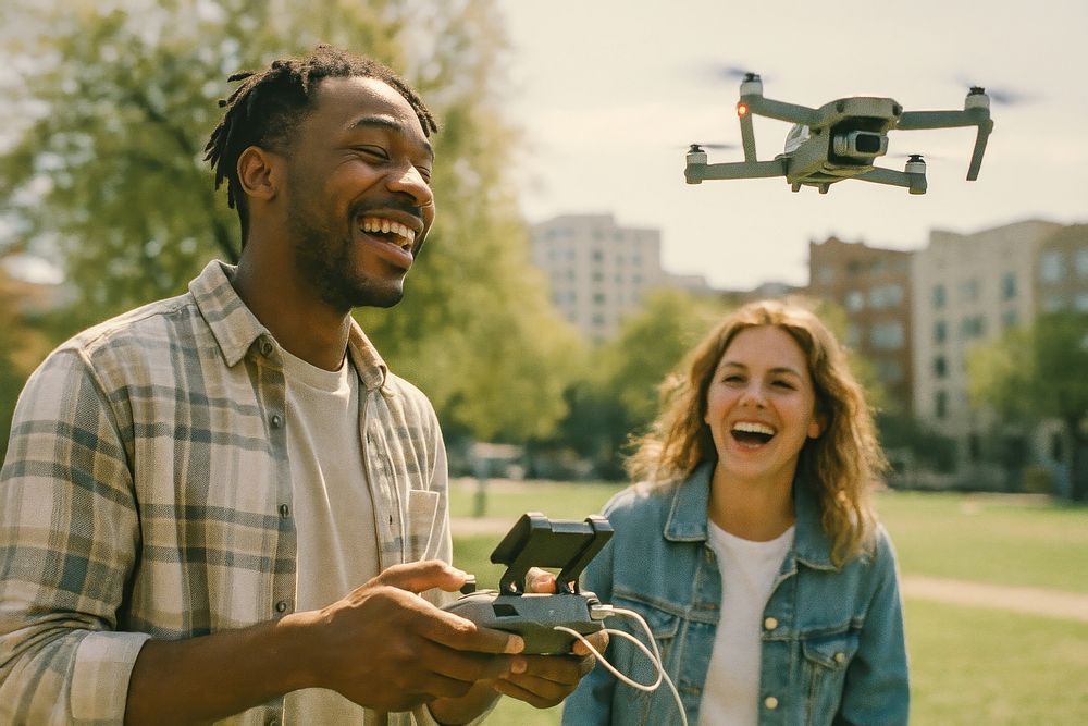 Joyful friends flying drone outdoors. | Free Photo - rawpixel