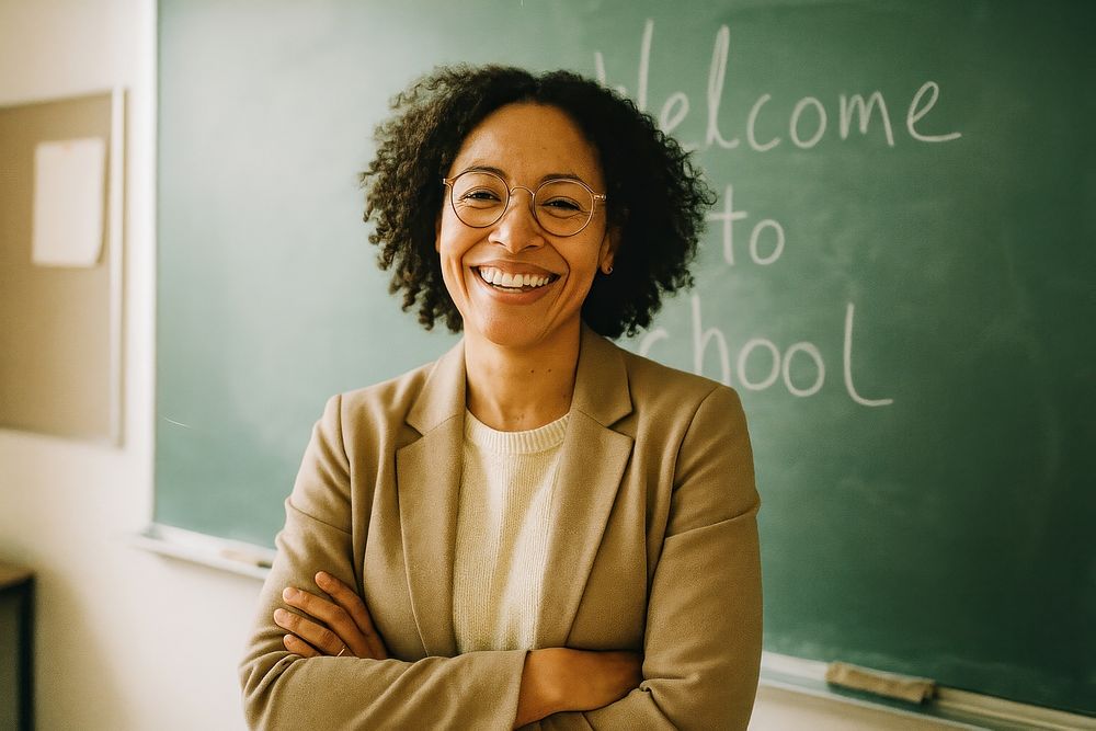 Confident teacher in classroom smiling. | Free Photo - rawpixel