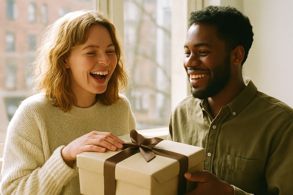 Joyful gift exchange moment | Free Photo - rawpixel