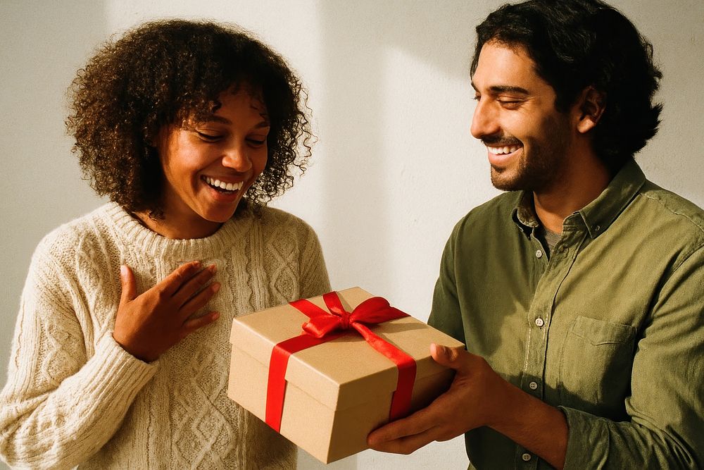 Joyful gift exchange moment | Free Photo - rawpixel
