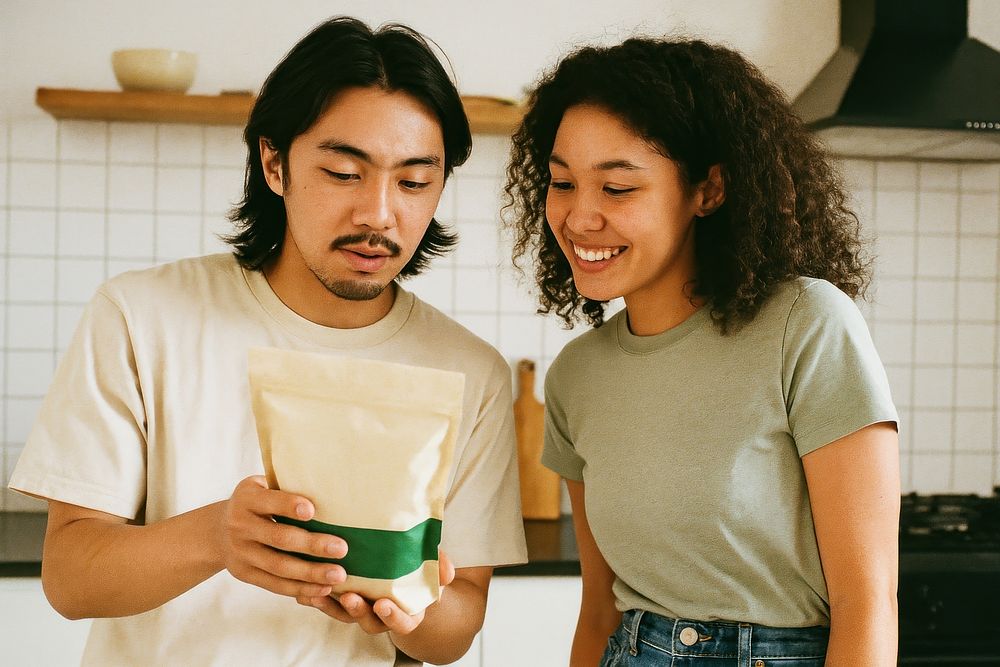 Couple examining eco-friendly packaging. | Free Photo - rawpixel