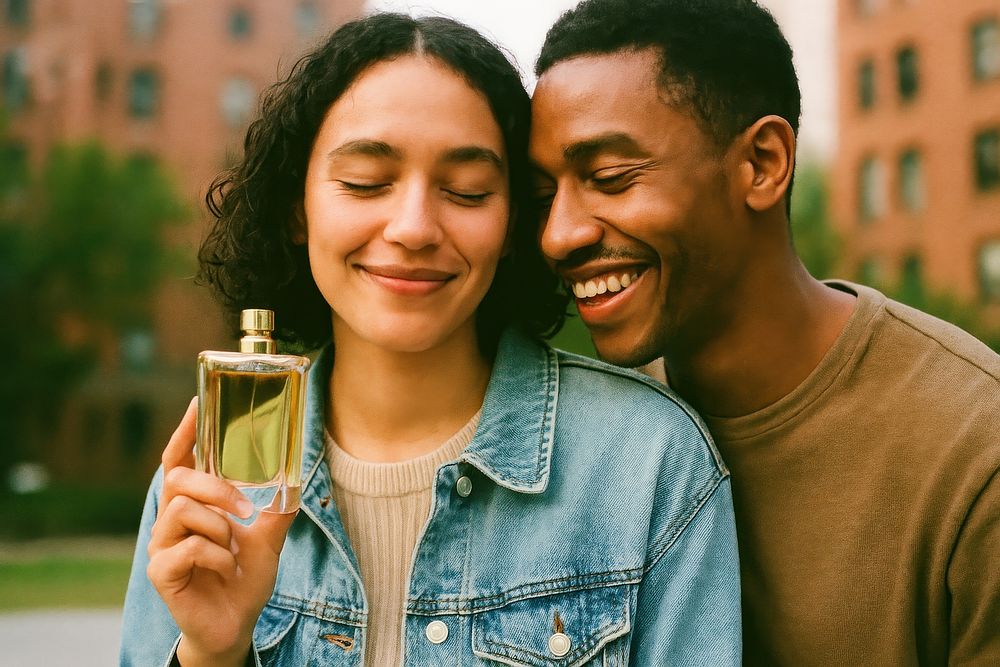 Joyful couple enjoying fragrance. | Free Photo - rawpixel