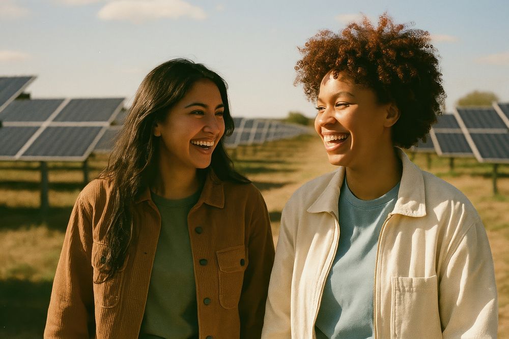 Friends smiling near solar panels. | Free Photo - rawpixel