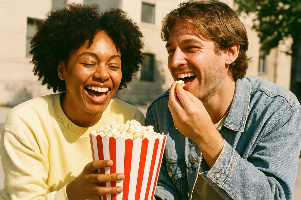 Joyful friends sharing popcorn outdoors. | Free Photo - rawpixel