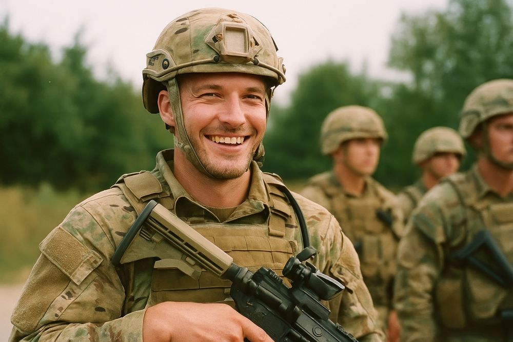 Smiling soldier with rifle outdoors. | Free Photo - rawpixel