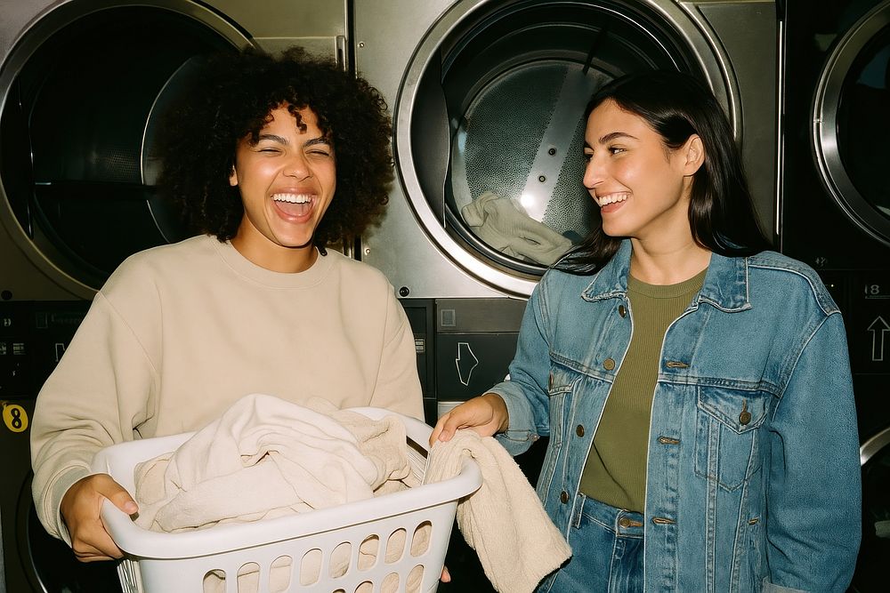 Joyful friends doing laundry together. | Free Photo - rawpixel