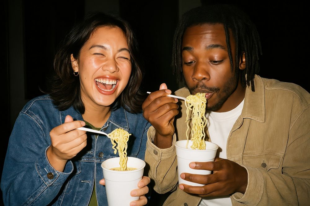 Friends enjoying instant noodles together. | Free Photo - rawpixel