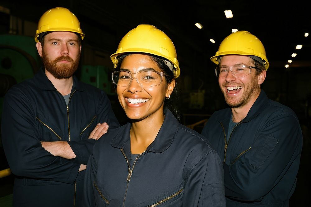 Diverse team wearing hardhats smiling. | Free Photo - rawpixel
