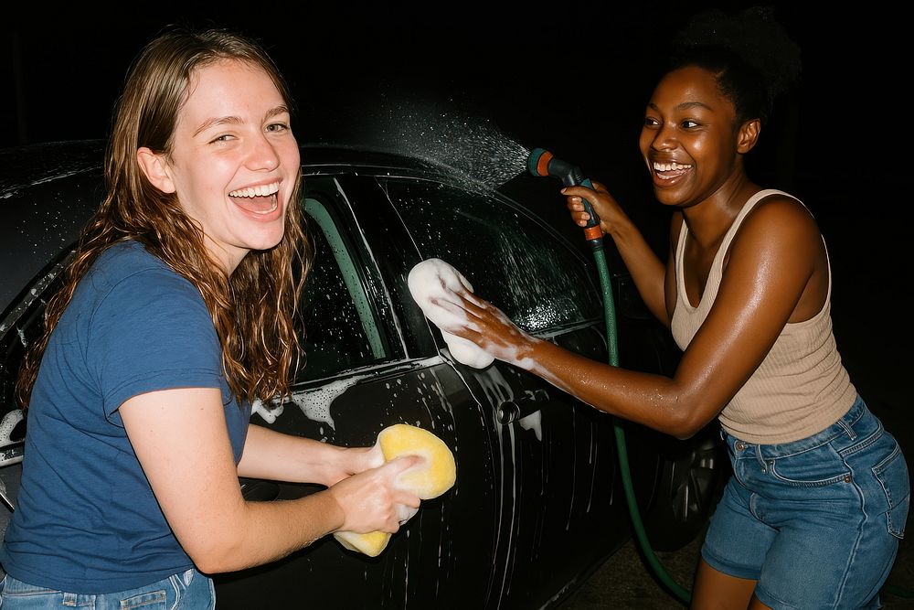 Joyful friends washing car | Free Photo - rawpixel