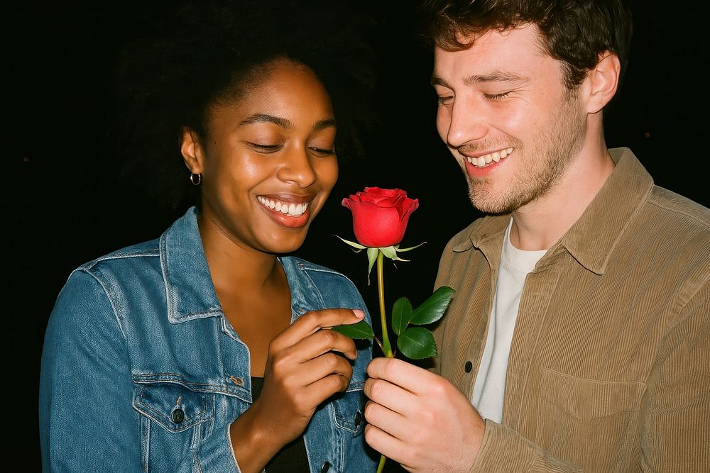 Joyful couple sharing rose | Free Photo - rawpixel