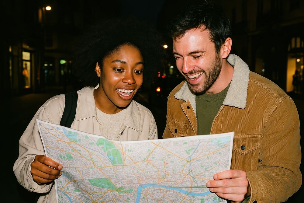 Excited travelers exploring map. | Free Photo - rawpixel