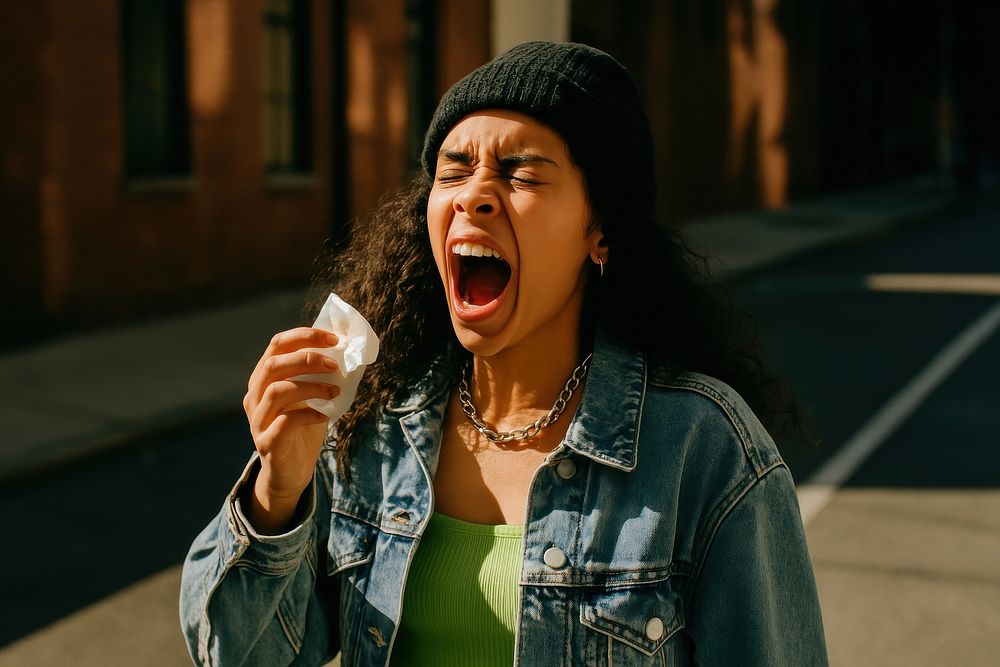 Woman sneezing on street. | Free Photo - rawpixel