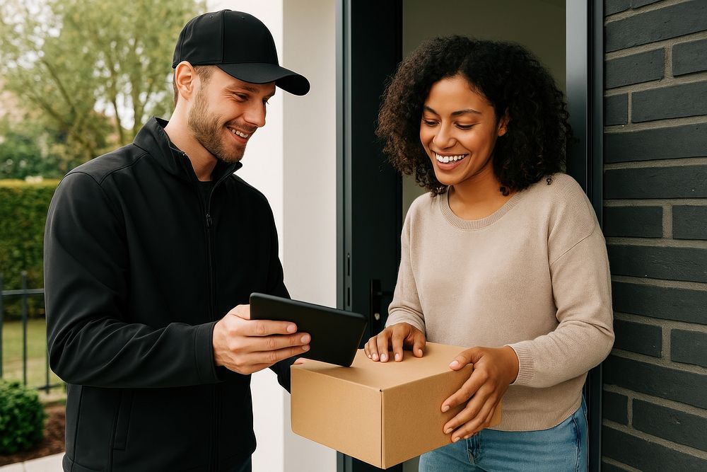 Delivery interaction doorstep happiness | Free Photo - rawpixel