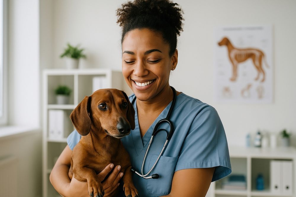 Veterinarian smiling with dachshund | Free Photo - rawpixel