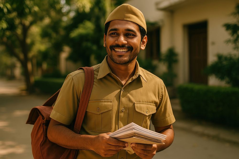 Smiling postman delivering letters outdoors. | Free Photo - rawpixel