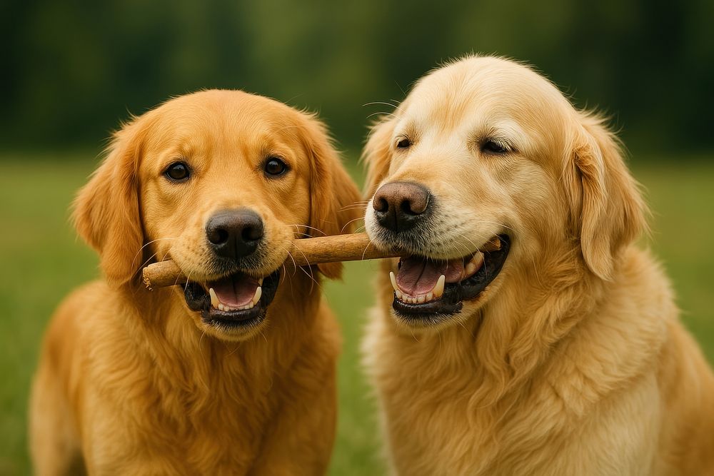 Golden retrievers sharing stick | Free Photo - rawpixel