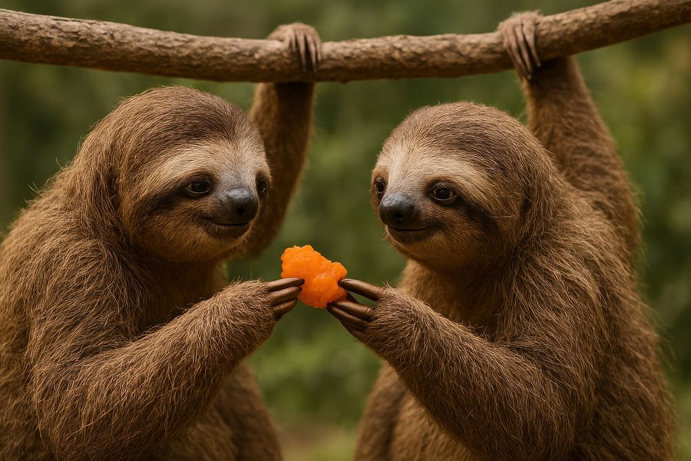 Sloths sharing fruit joyfully. | Free Photo - rawpixel
