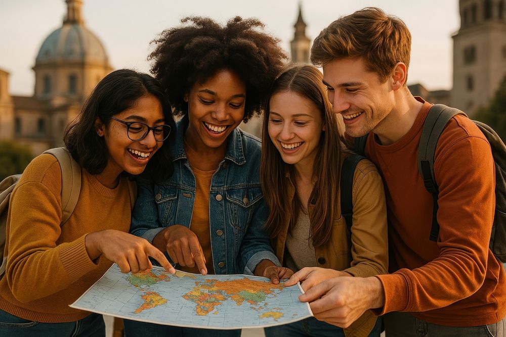 Friends exploring map together joyfully. | Free Photo - rawpixel