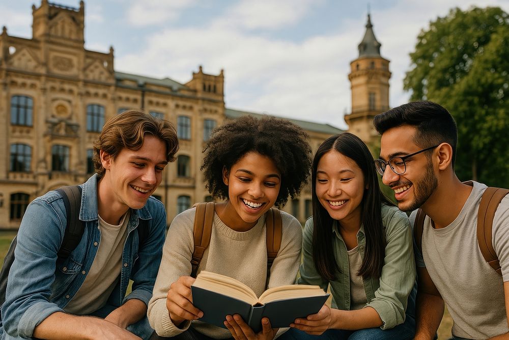 Diverse students reading together outdoors. | Free Photo - rawpixel