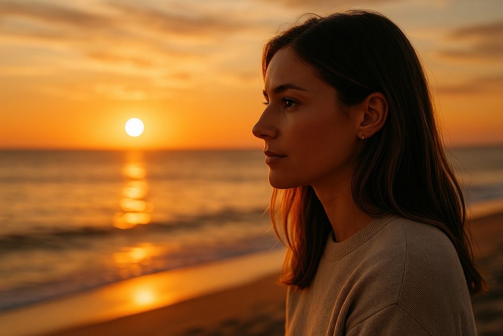 Contemplative woman beach sunset | Free Photo - rawpixel